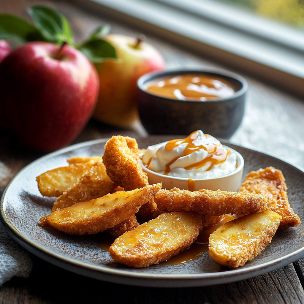Air Fried Apple Wedges with Caramel Whipped Cream Dipping Sauce