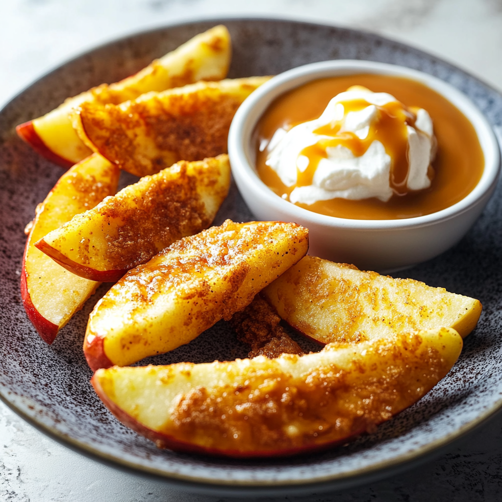 Air Fried Apple Wedges with Caramel Whipped Cream Dipping Sauce