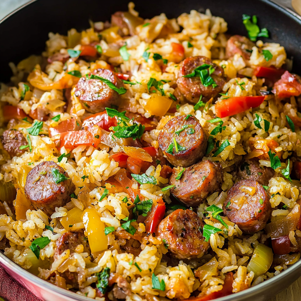One Skillet Onion and Pepper Kielbasa with Rice